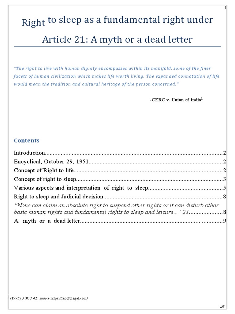Right To Sleep As A Fundamental Right Under Article 21: A Myth or A ...