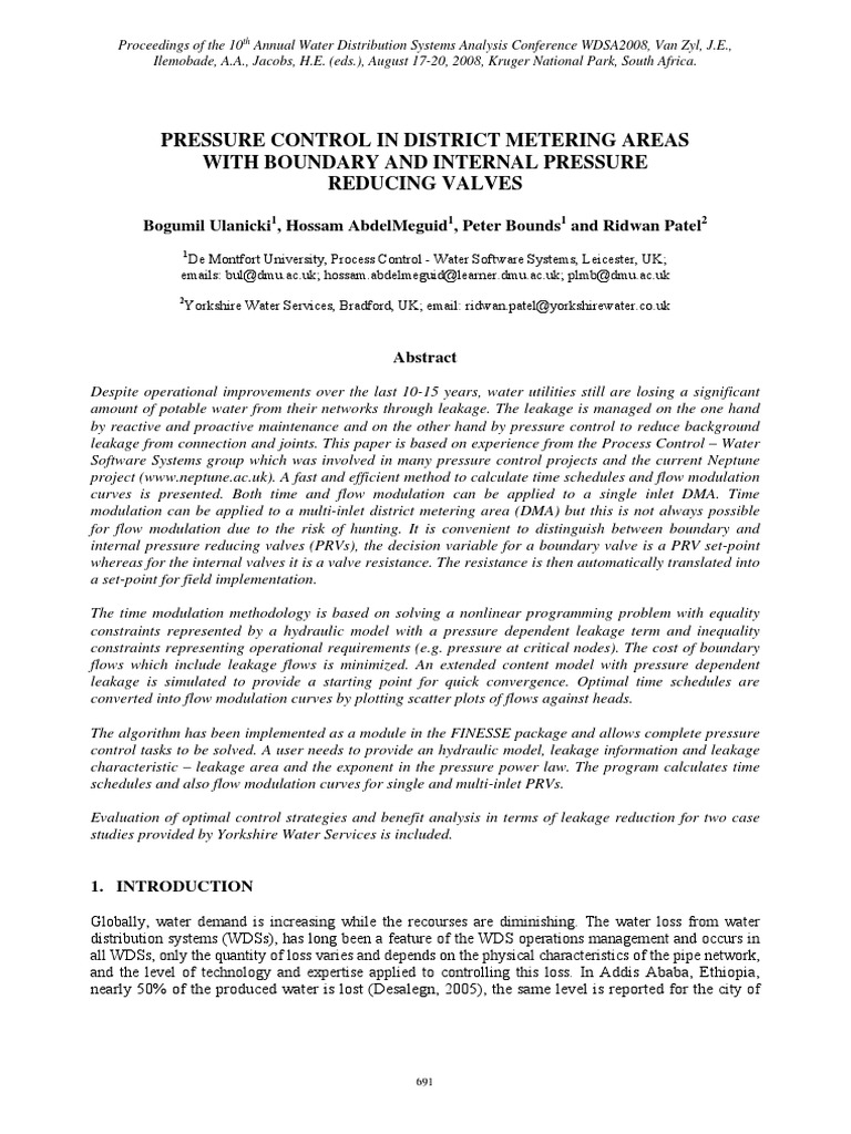 Pressure Control in District Metering Areas With Boundary and Internal Pressure Reducing Valves ...