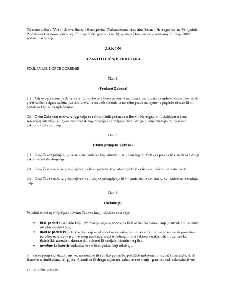 Zakon o Zastiti Licnih Podataka U BiH BOS | PDF