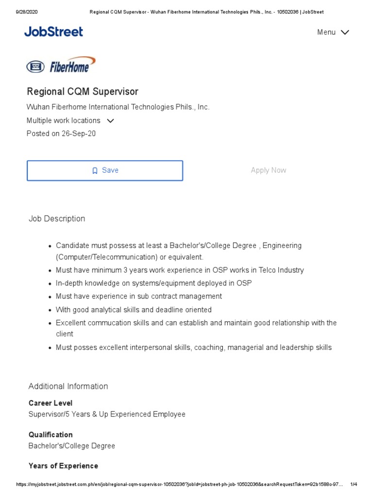 Regional CQM Supervisor - Wuhan Fiberhome International Technologies ...