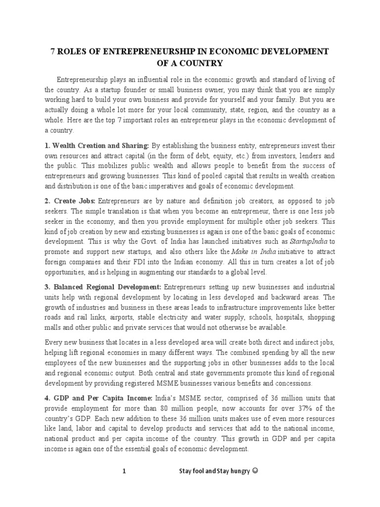 7 Roles of Entrepreneurship in Economic Development of A Country | PDF ...
