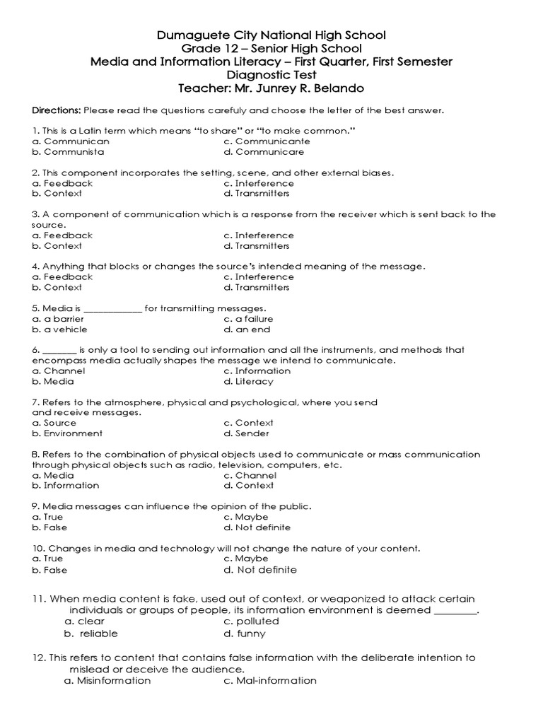Diagnostic Test MIL 1st Semester | PDF | Mass Media | Communication