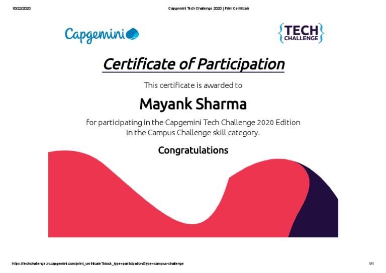 Capgemini Tech Challenge 2020 - Print Certificate PDF | PDF