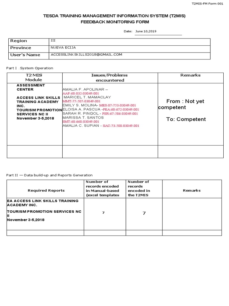 From: Not Yet Competent To: Competent: Tesda Training Management ...