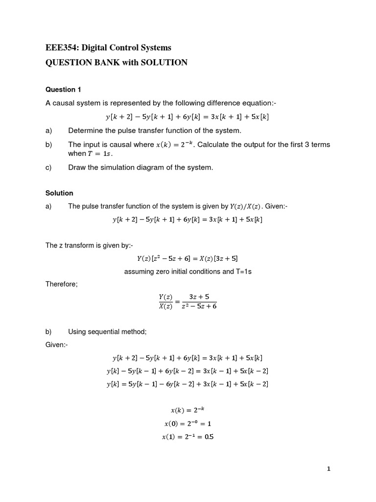 EEE354: Digital Control Systems Question Bank With Solution | PDF ...