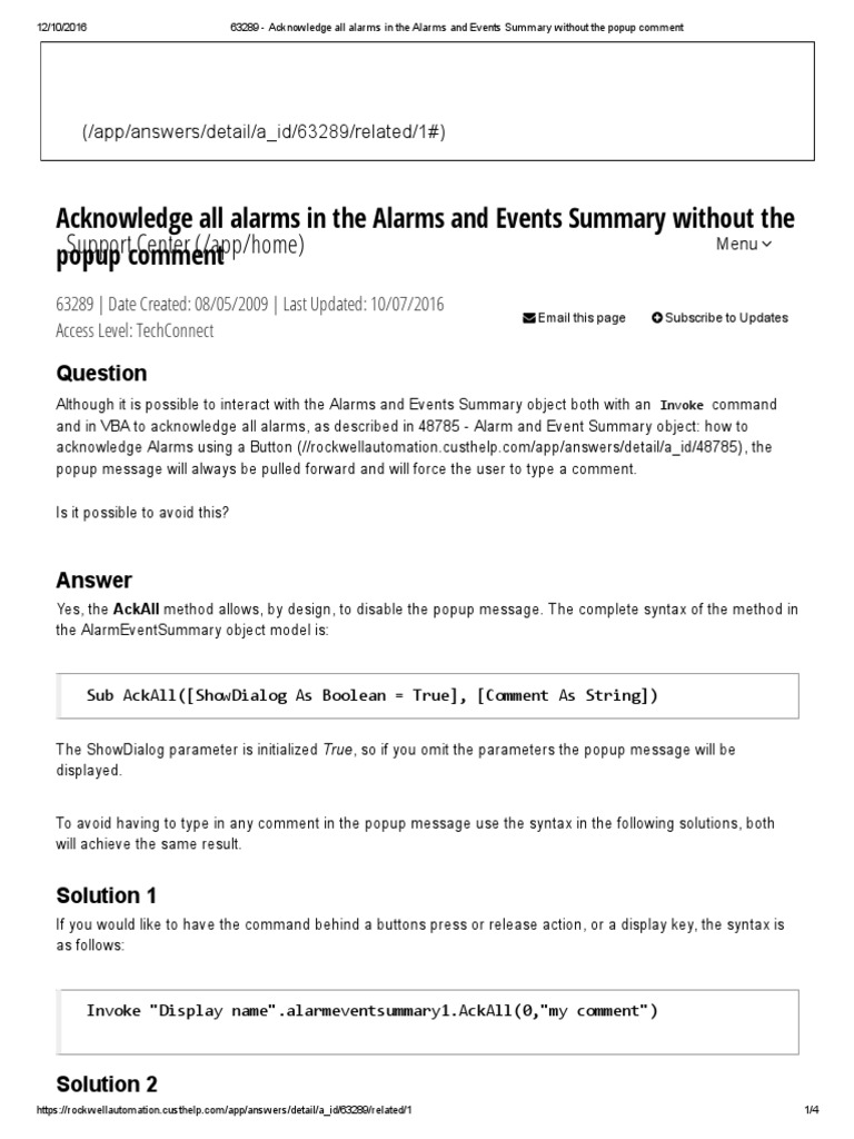 Acknowledge All Alarms in The Alarms and Events Summary Without The ...