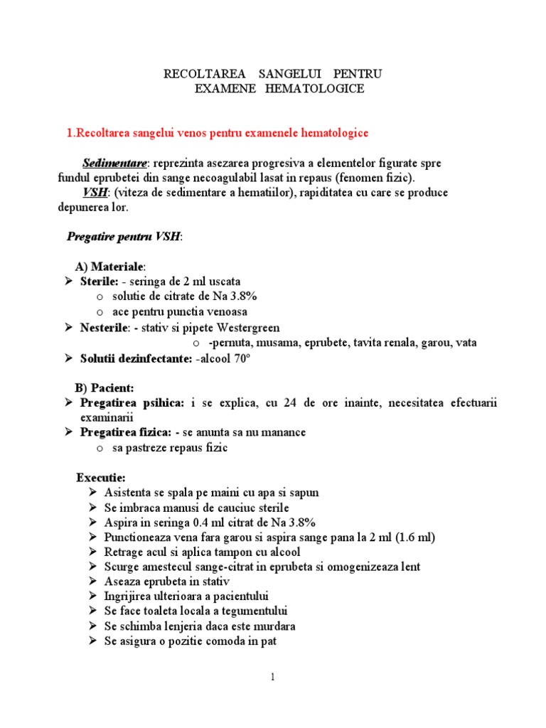 Recoltarea Sangelui Pentru Examene Hematologice | PDF