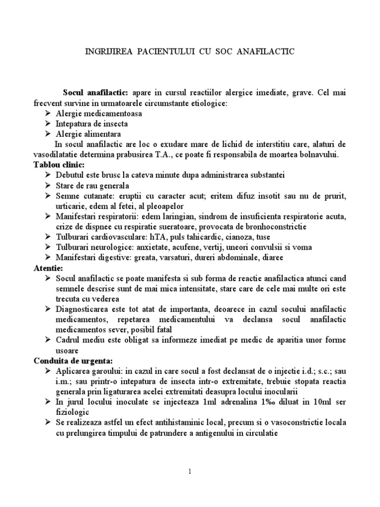 Ingrijirea Pacientului Cu Soc Anafilactic | PDF