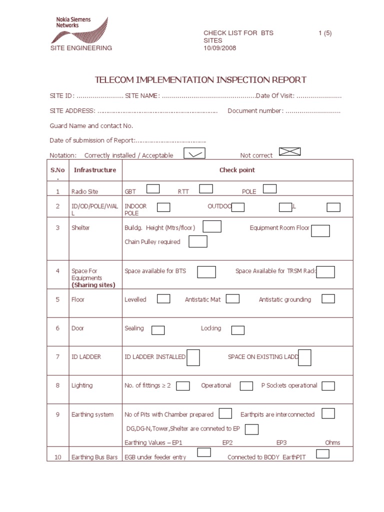 CHECK LIST FOR TELECOM SITE INSPECTION | PDF | Antenna (Radio) | Equipment