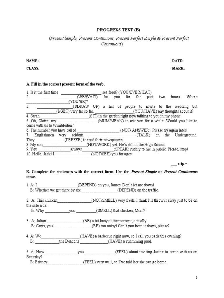 Test Paper (B) - PRESENT TENSES | PDF | Phrase | Grammatical Tense