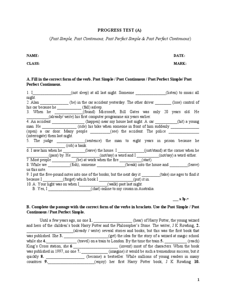 Test Paper (A) - Past Tenses | Download Free PDF | Harry Potter | Grammar