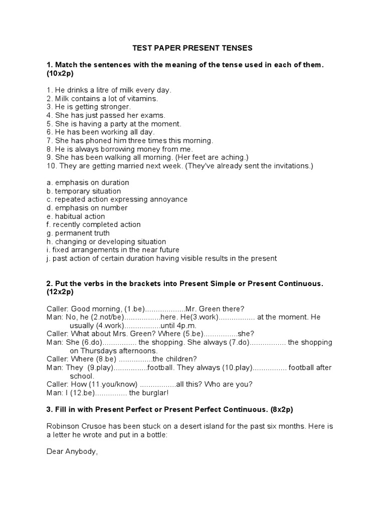 Test Paper - Present Tenses | Download Free PDF | Grammatical Tense ...