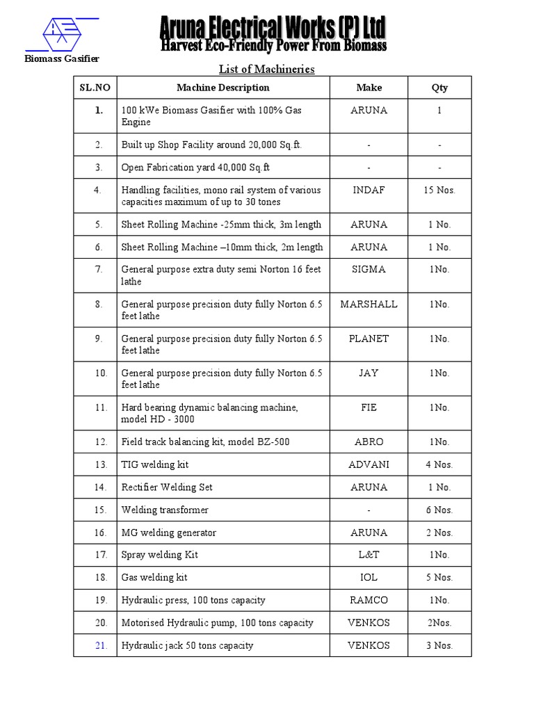 List of Machineries | PDF | Electric Motor | Electric Generator