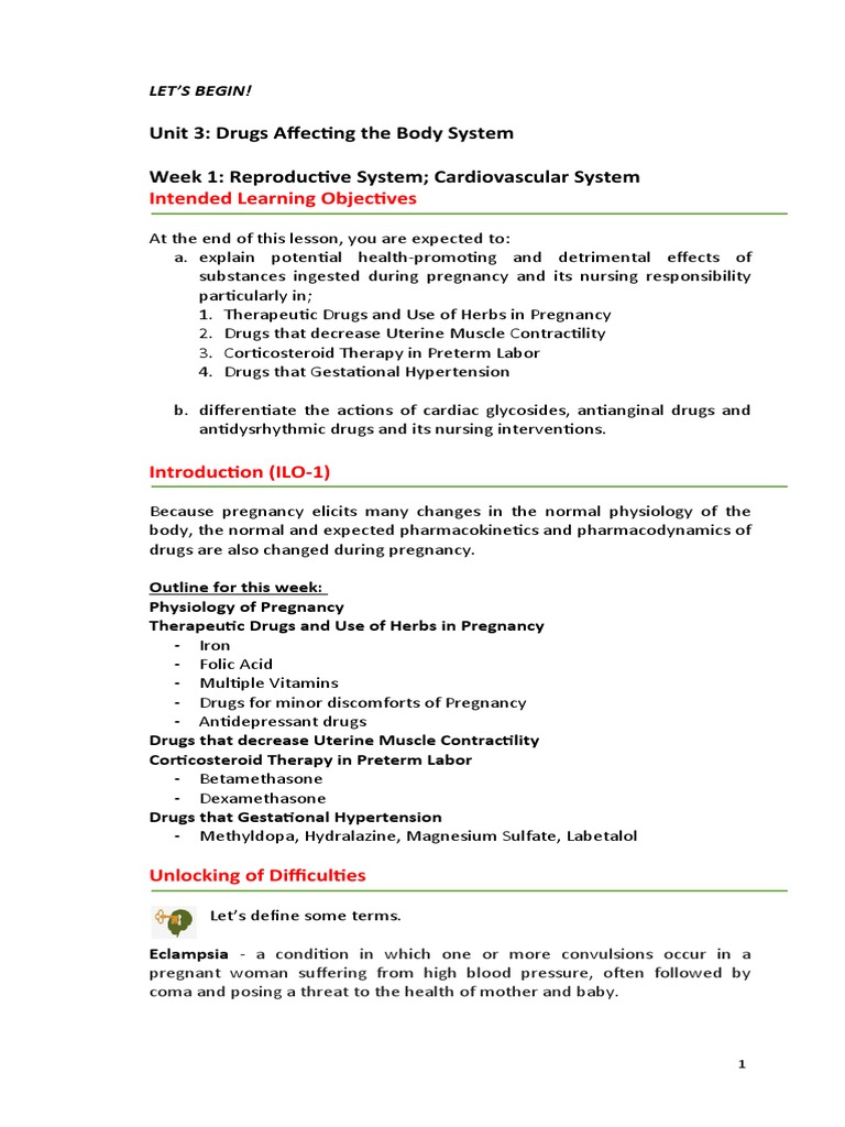 Intended Learning Objectives: Unit 3: Drugs Affecting The Body System ...