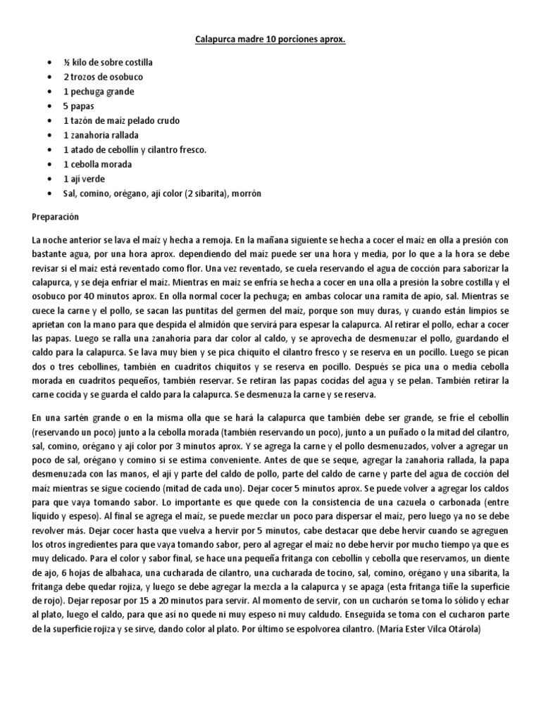 Receta Tradicional de Calapurca | PDF | Caldo | Cocinando