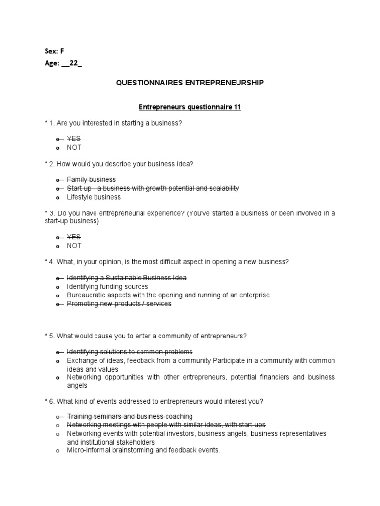 Questionnaires Entrepreneurship2 | PDF | Startup Company | Small ...