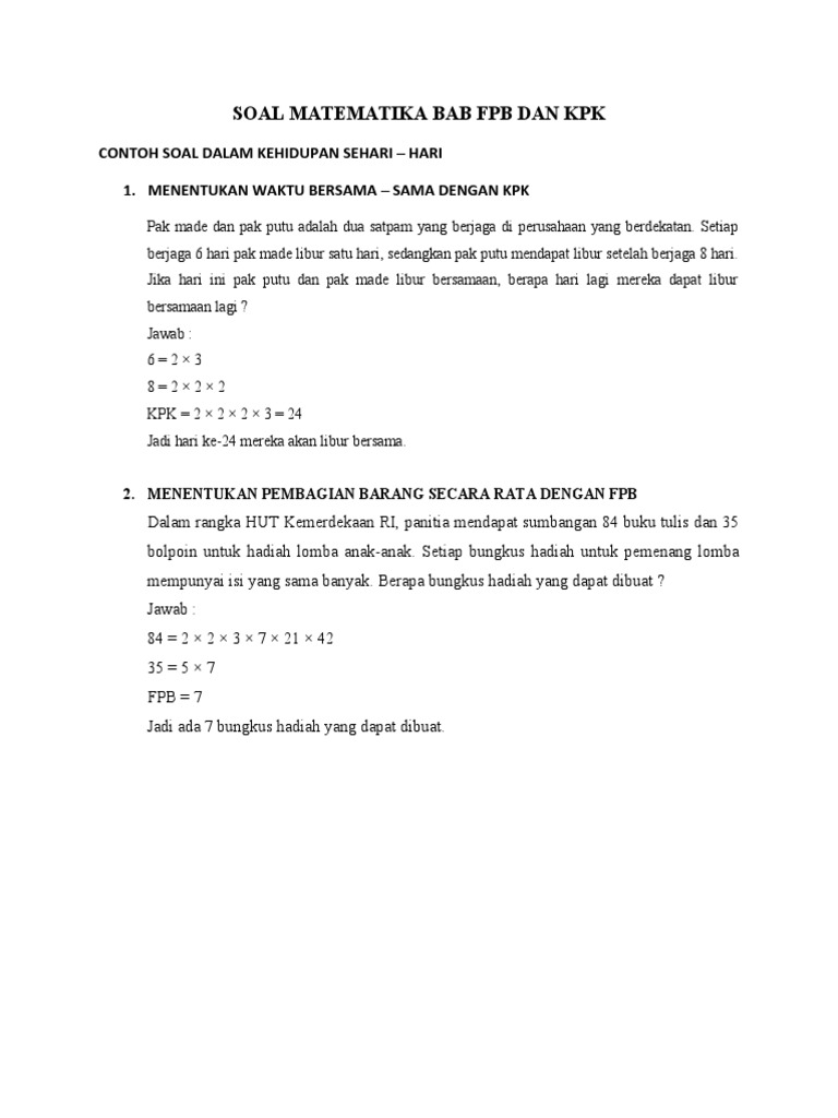 Soal FPB dan KPK untuk Kelas 4 | PDF