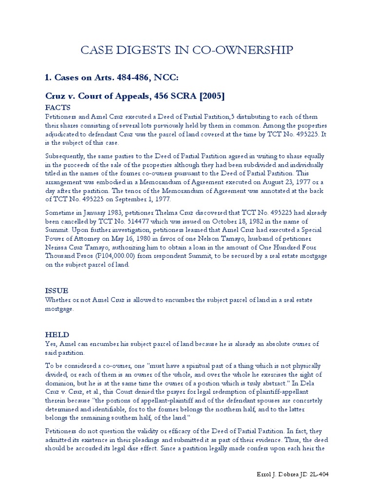 Case Digests On Co-Ownership | PDF | Concurrent Estate | Lease