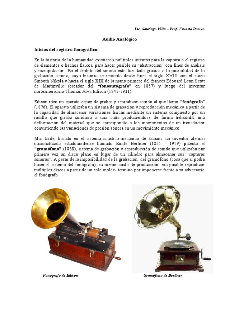 Historia del Fonógrafo y Audio Analógico | PDF | Fonógrafo | Grabación ...