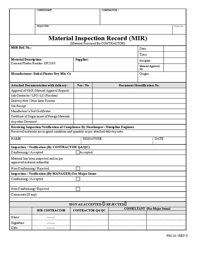 FM-16 Material Verification Record | PDF | Business Process | Business