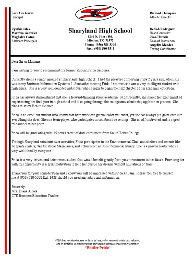 Frida Recommendation Letter | PDF | Cognition | Behavior Modification