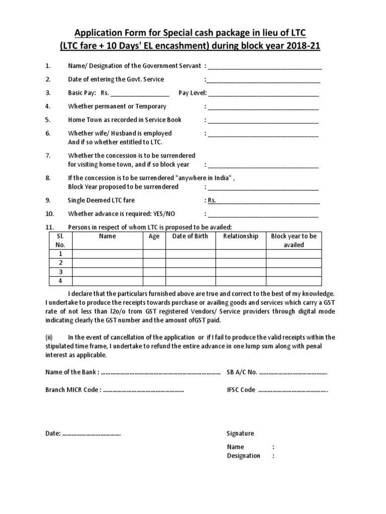 Application Form For Special Cash Package in Lieu of LTC (LTC Fare + 10 ...