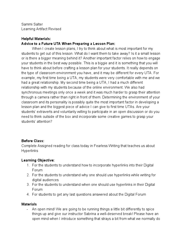 Learning Artifact 1 Revised | PDF | Lesson Plan | Classroom