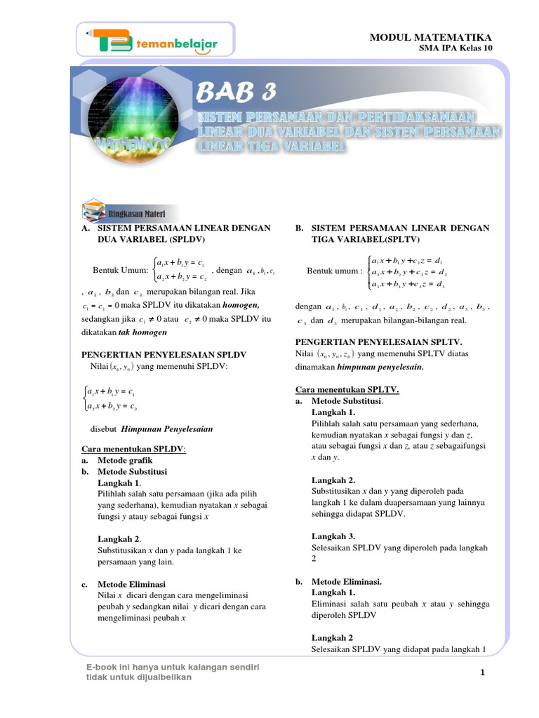 Modul SPLDV & SPLTV Kelas 10 | PDF