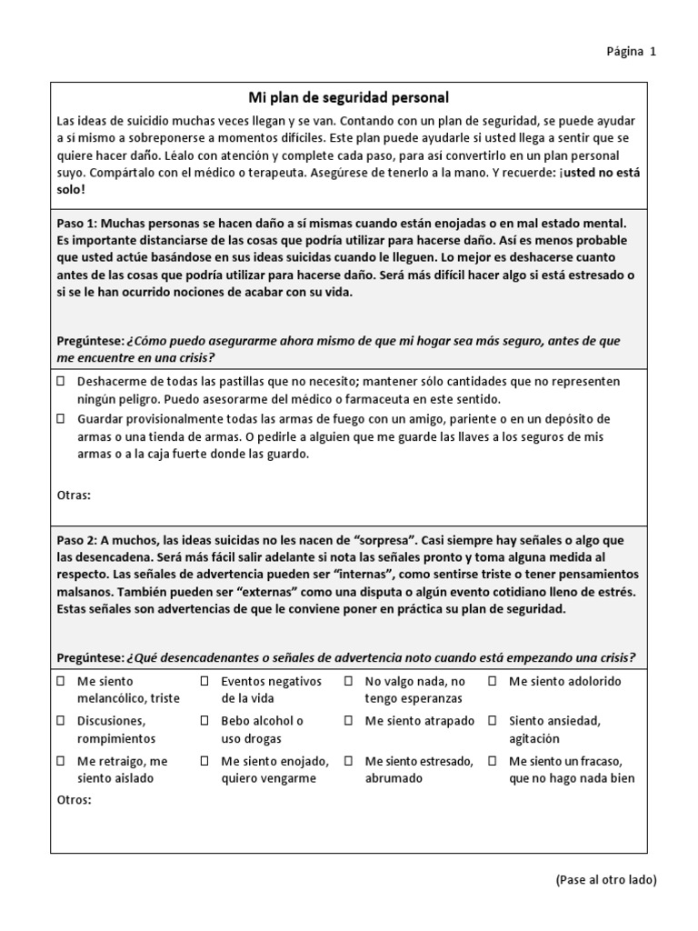 T.Safety Plan Spanish 051612 | PDF | Terapia | Bienestar