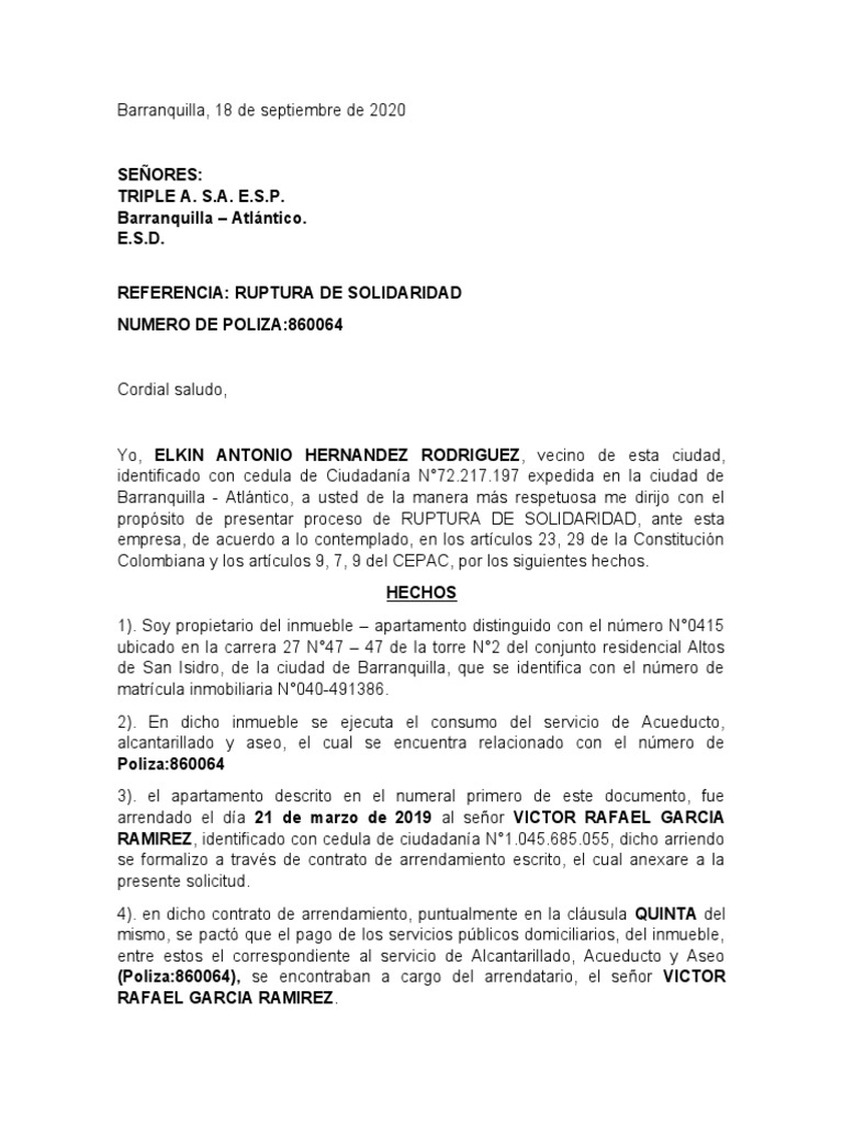 Solicitud de ruptura de solidaridad ante la empresa de servicios ...