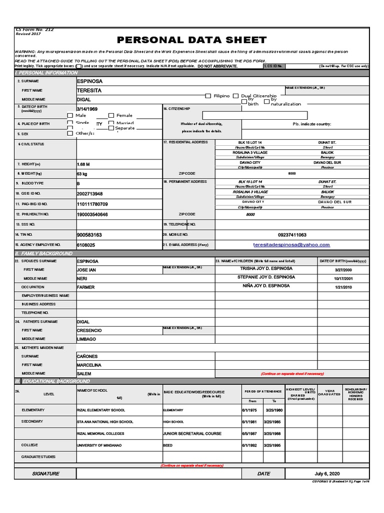 CS Form No. 212 Revised Personal Data Sheet - New 2020 | PDF | Teachers ...