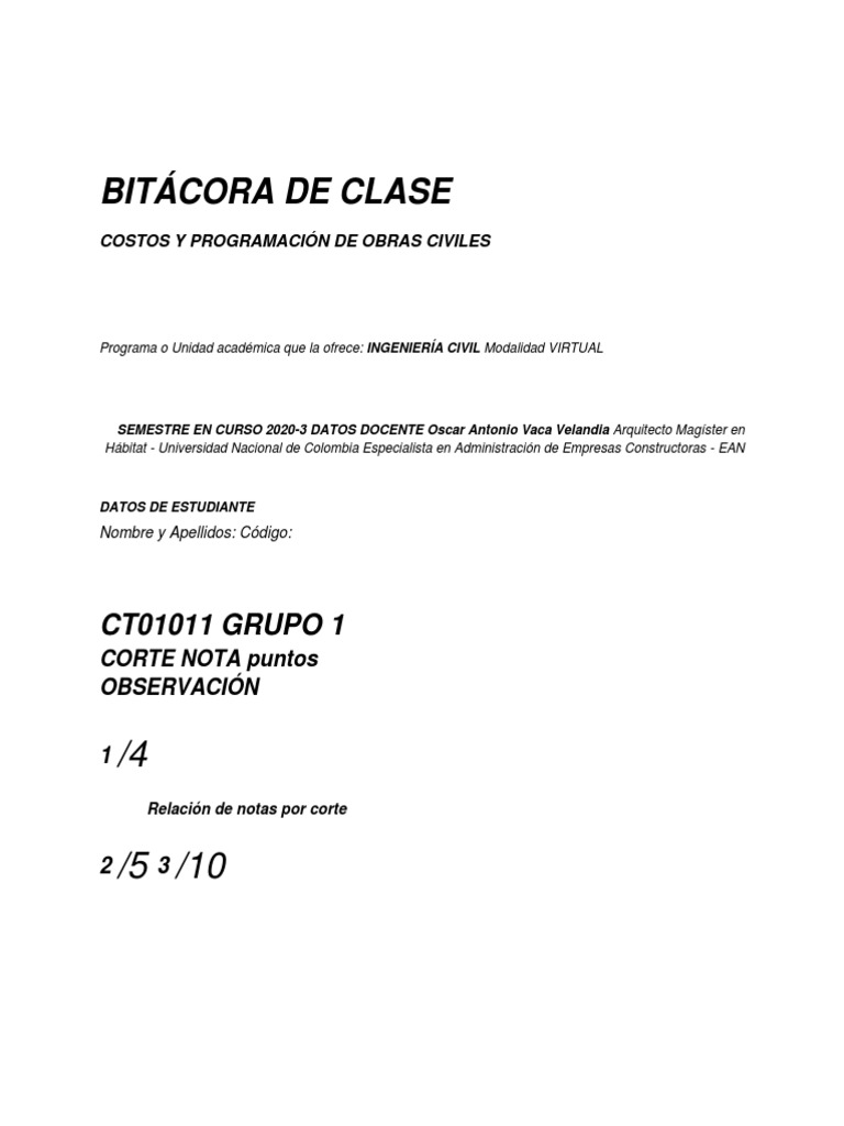 Bitacora Costos y Programacion de Obras Grupo 1.0 | PDF | Salario | Costo