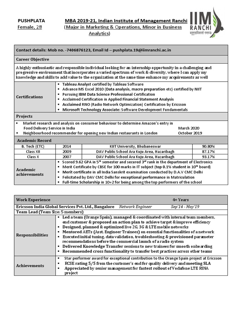 Pushplata - IIM Ranchi - Resume PDF | PDF | Lte (Telecommunication) | 3 G