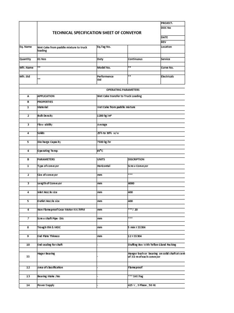 Technical Specification Sheet of Conveyor | Download Free PDF ...