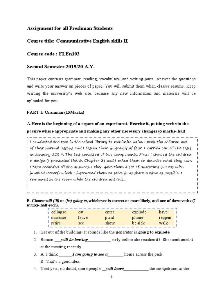 Assignment For All Freshman Students Course Title: Communicative ...