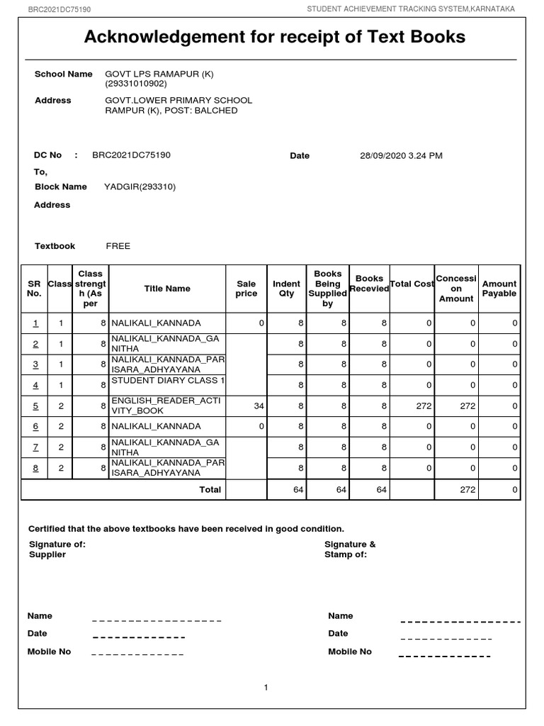 Textbook Delivery Challan To School Acknowledgement | PDF | Textbook ...