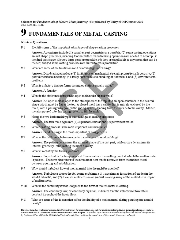 Fundamentals of Metal Casting: Review Questions | PDF | Casting ...