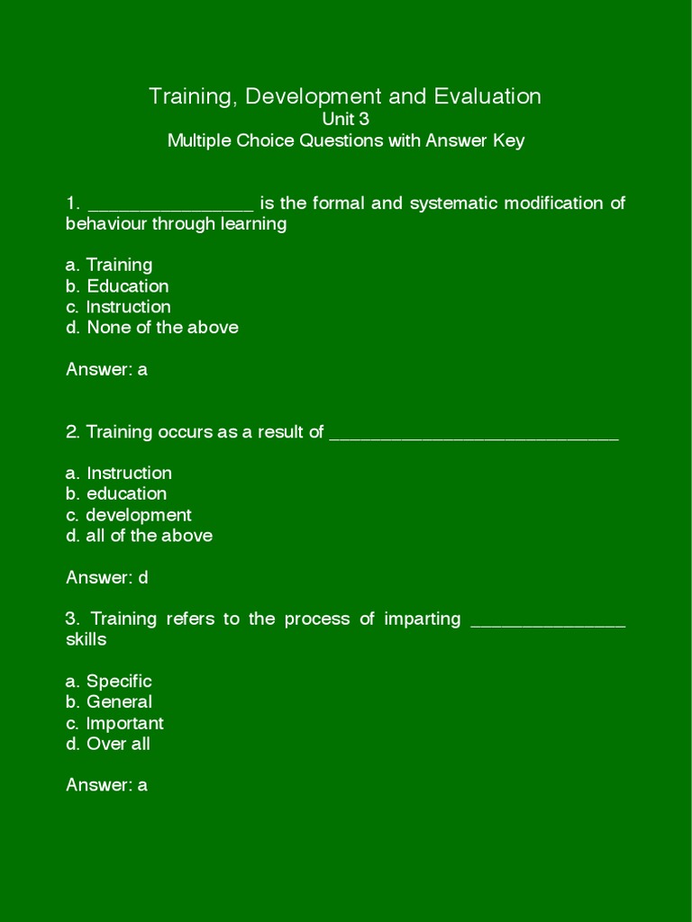 MCQs Unit 3 Training, Development and Evaluation | PDF | Performance ...