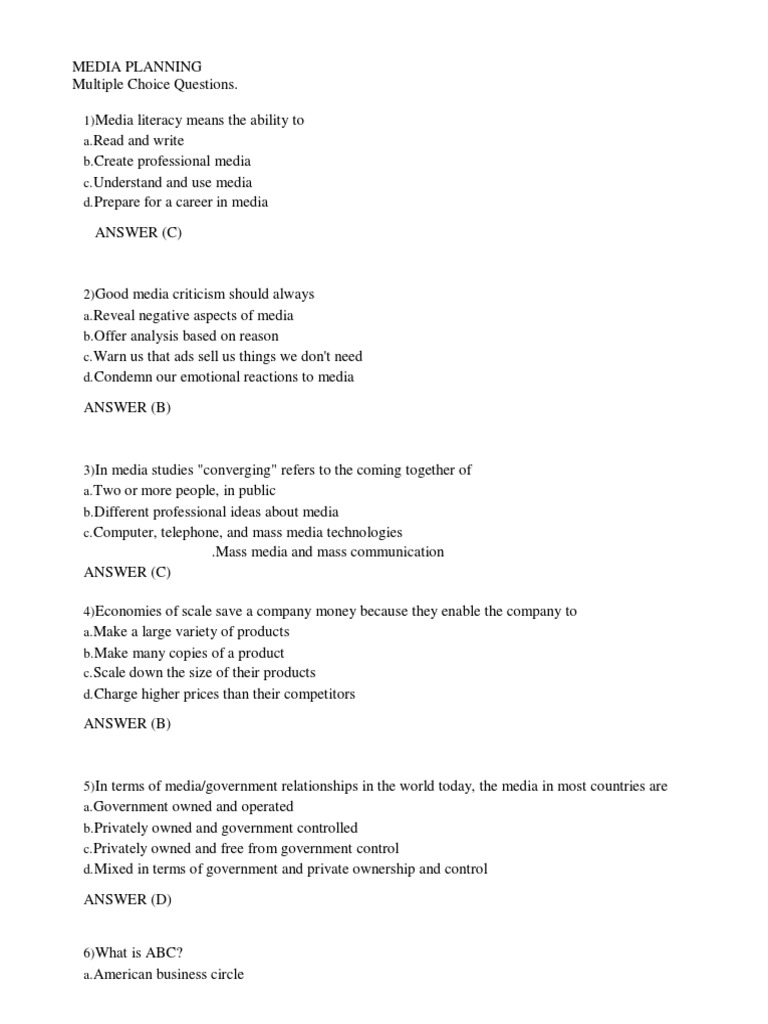 Media Planning Multiple Choice Questions | PDF | Advertising | Mass Media