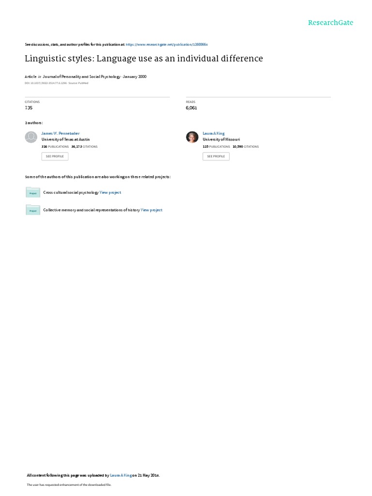 Linguistic Styles - Language Use As An Individual Difference | PDF