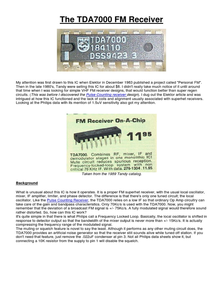 TDA7000 FM Receiver PDF | PDF | Frequency Modulation | Detector (Radio)