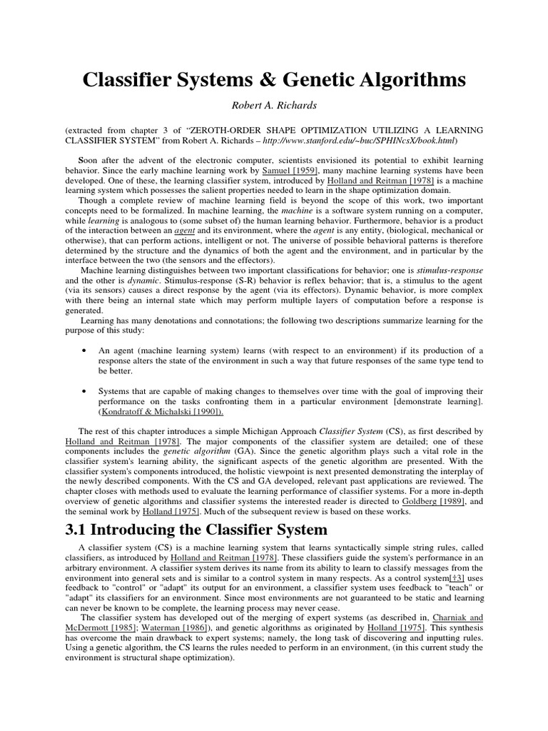 Classifier Systems And Genetic Algorithms 31 Introducing The Classifier