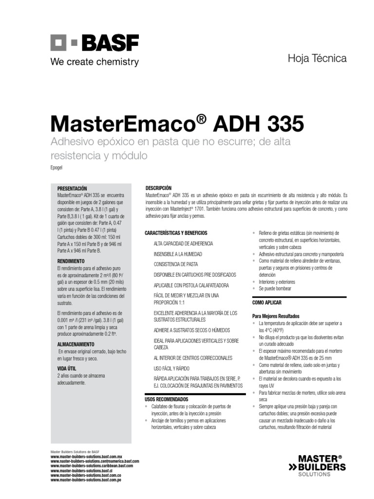 BASF MasterEmaco ADH 335 - Ficha Técnica | PDF | Hormigón | Procesos ...