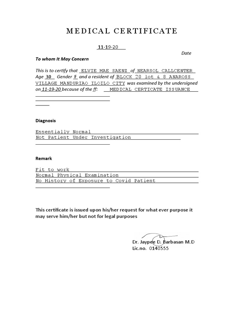 Fit to Work Medical Certificate | PDF