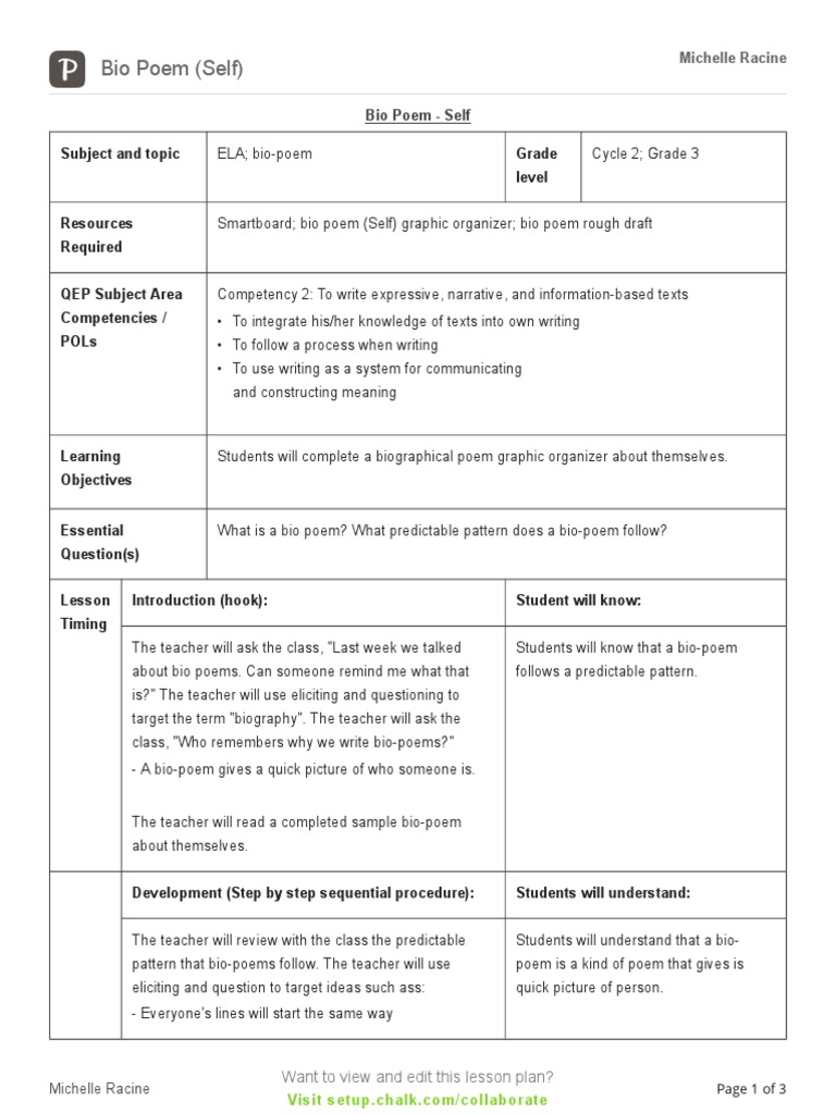 Bio Poem Self | PDF | Lesson Plan | Teaching