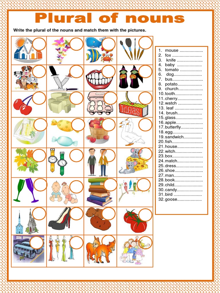 Write The Plural of The Nouns and Match Them With The Pictures | PDF ...