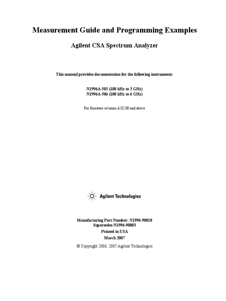 Measurement Guide and Programming Examples: Agilent CSA Spectrum Analyzer | PDF | Power Supply ...