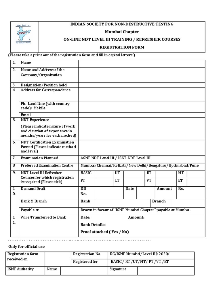 NDT Level III Training Registration Form | PDF | Nondestructive Testing ...