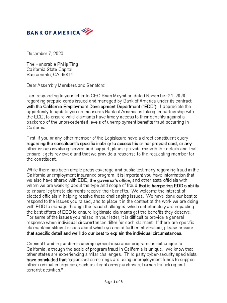 Bank of America Letter To California Legislature | PDF | Fraud ...