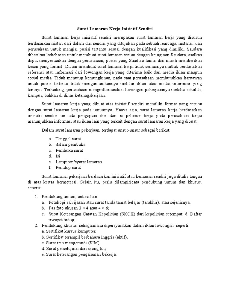 Surat Lamaran Kerja Inisiatif Sendiri | PDF
